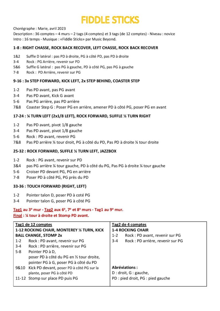 Fiddle Sticks | Fiche de danse country - Cervelle De Country